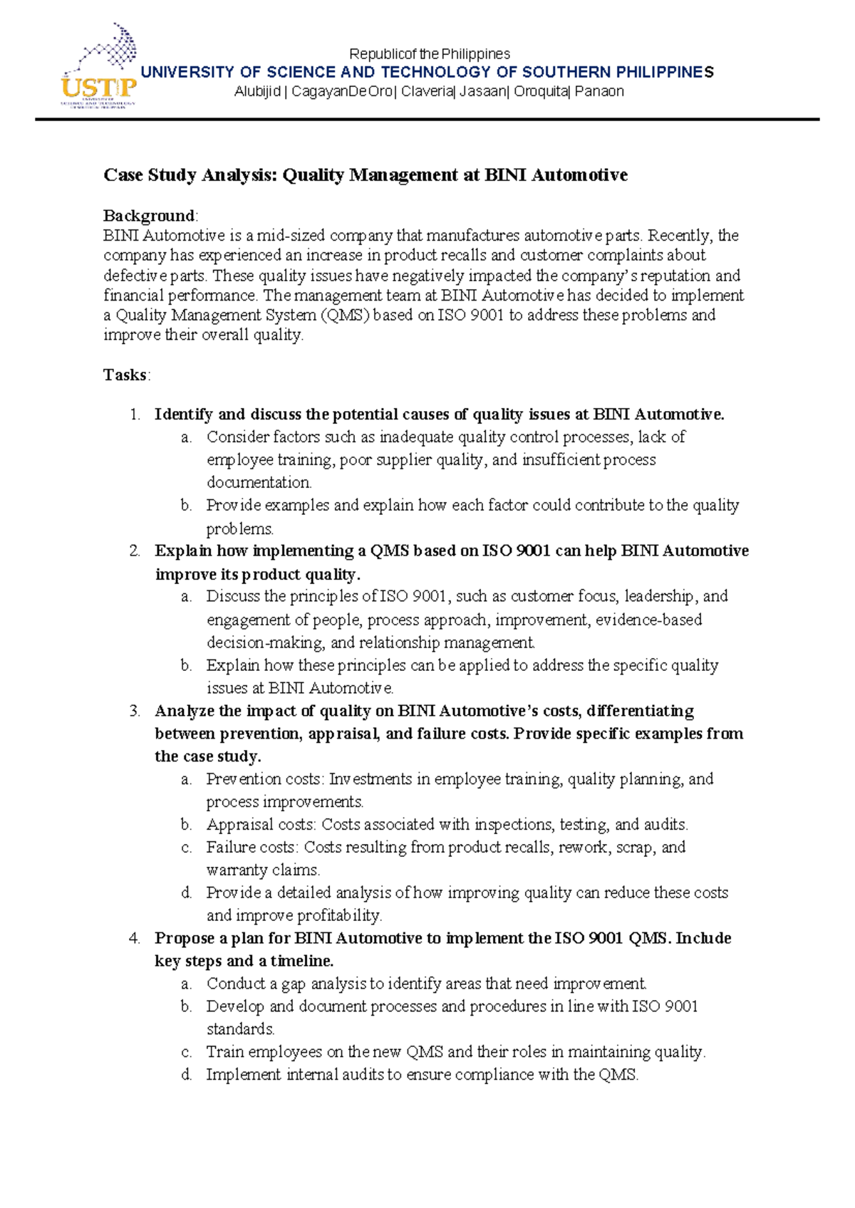 Case Study Analysis for QMS - Case Study Analysis: Quality Management at BINI Automotive ...