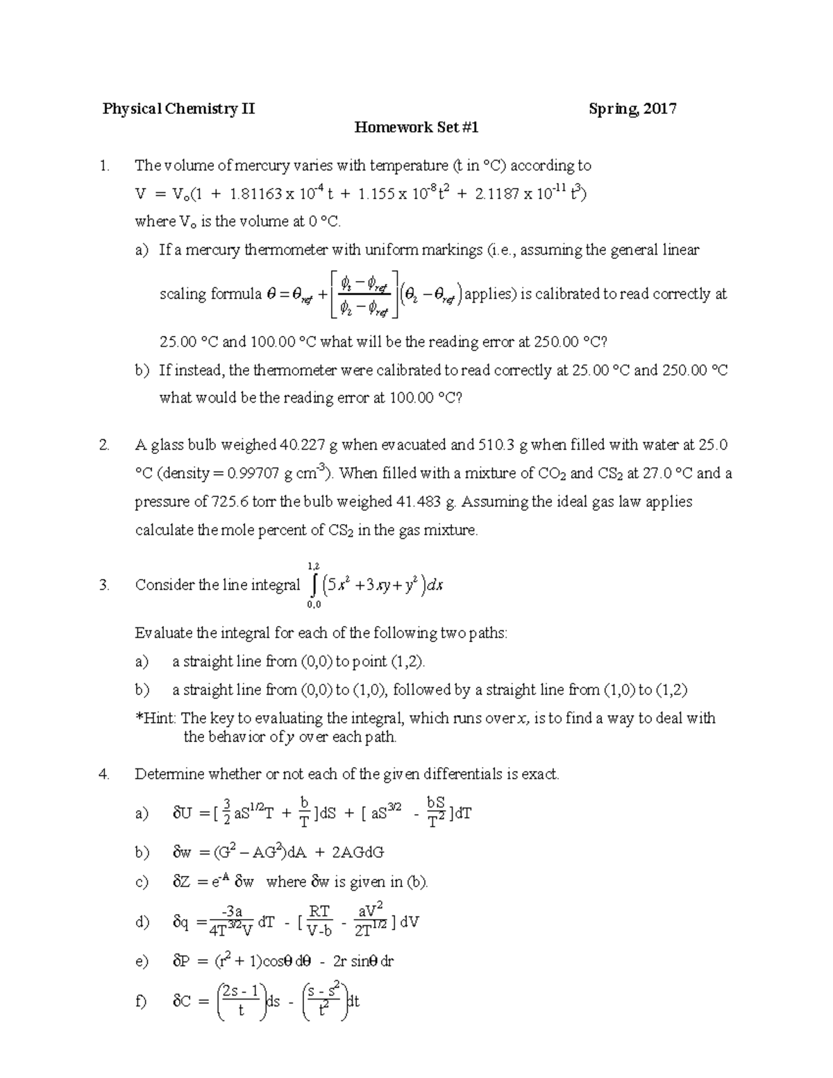PChem IIHW 12017 - Homework assignment 1 - Physical Chemistry II Spring ...