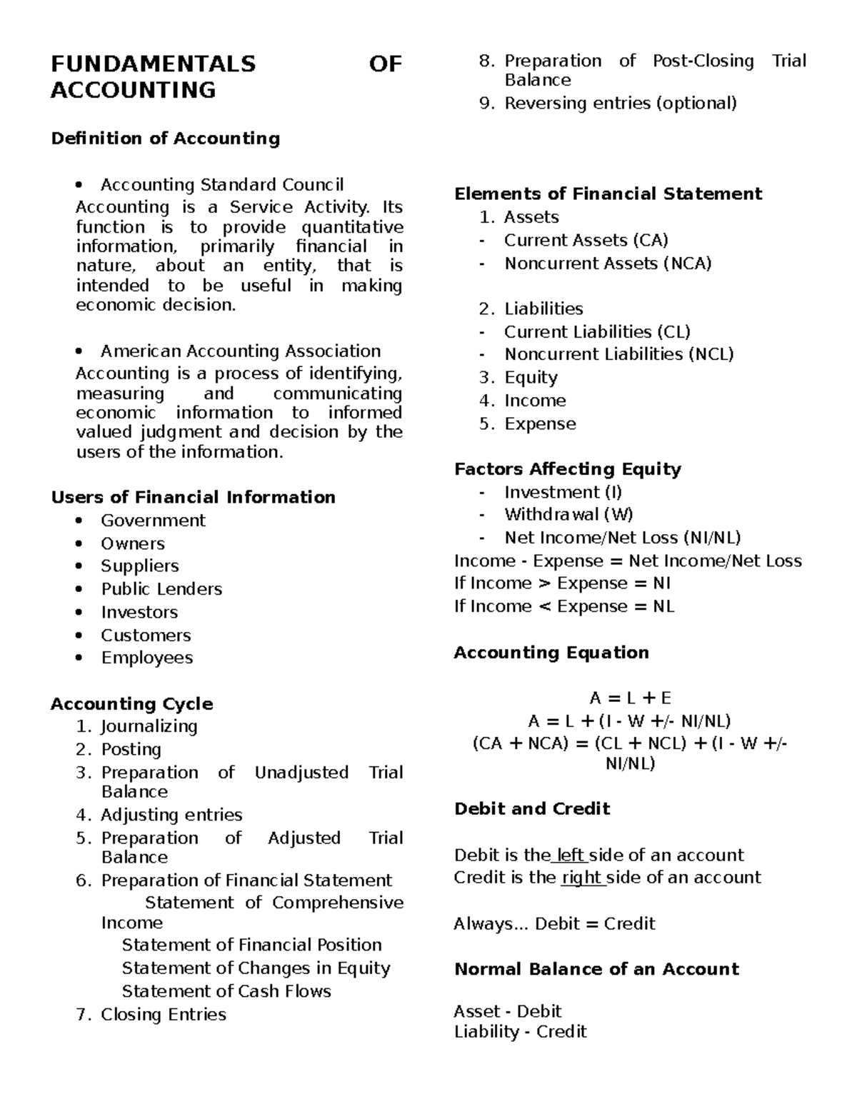 Handout 1 - accounting - FUNDAMENTALS OF ACCOUNTING Definition of ...