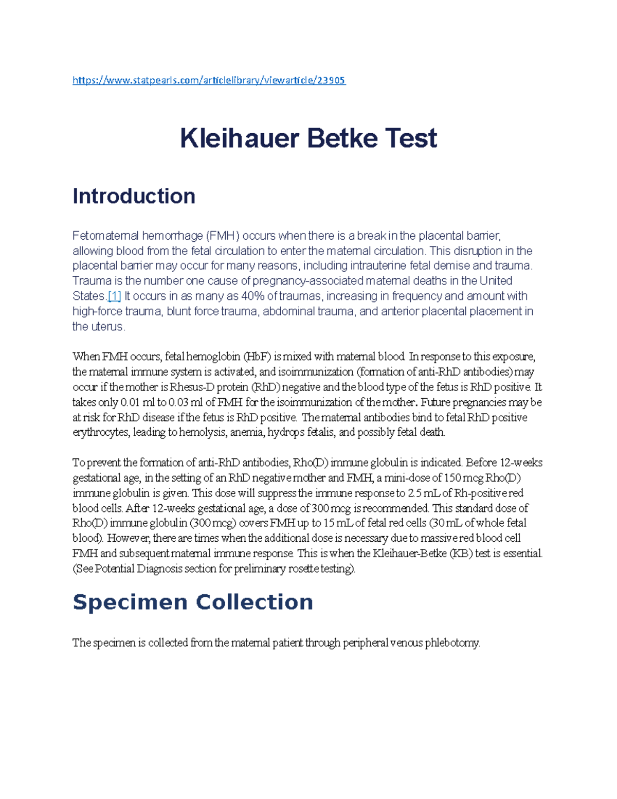 Document - Sammaries - statpearls/articlelibrary/viewarticle/ Kleihauer ...