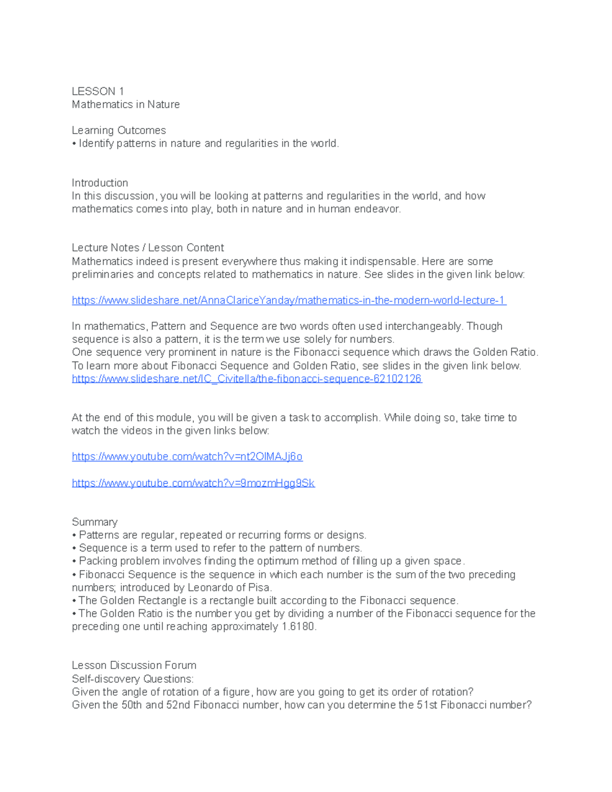 Lesson 1 - In this discussion, you will be looking at patterns and ...