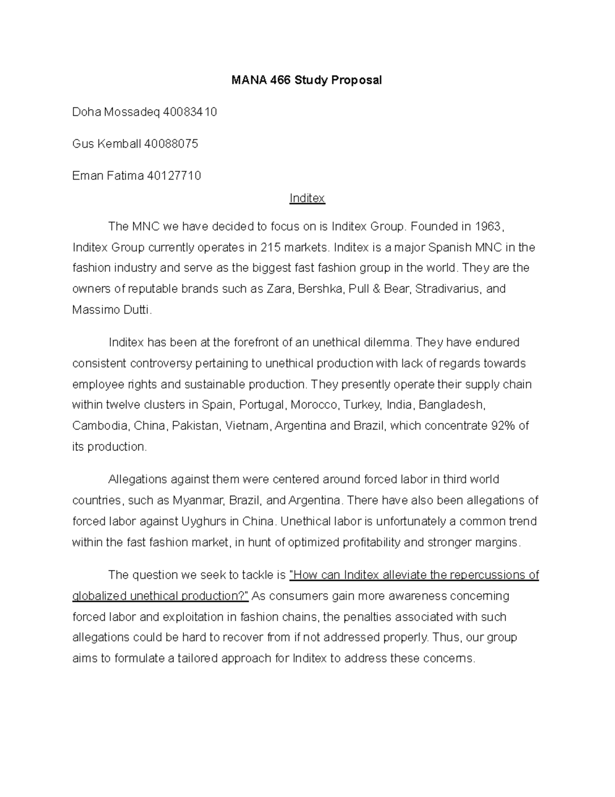 MANA 466 Study Proposal Inditex - MANA 466 Study Proposal Doha Mossadeq ...