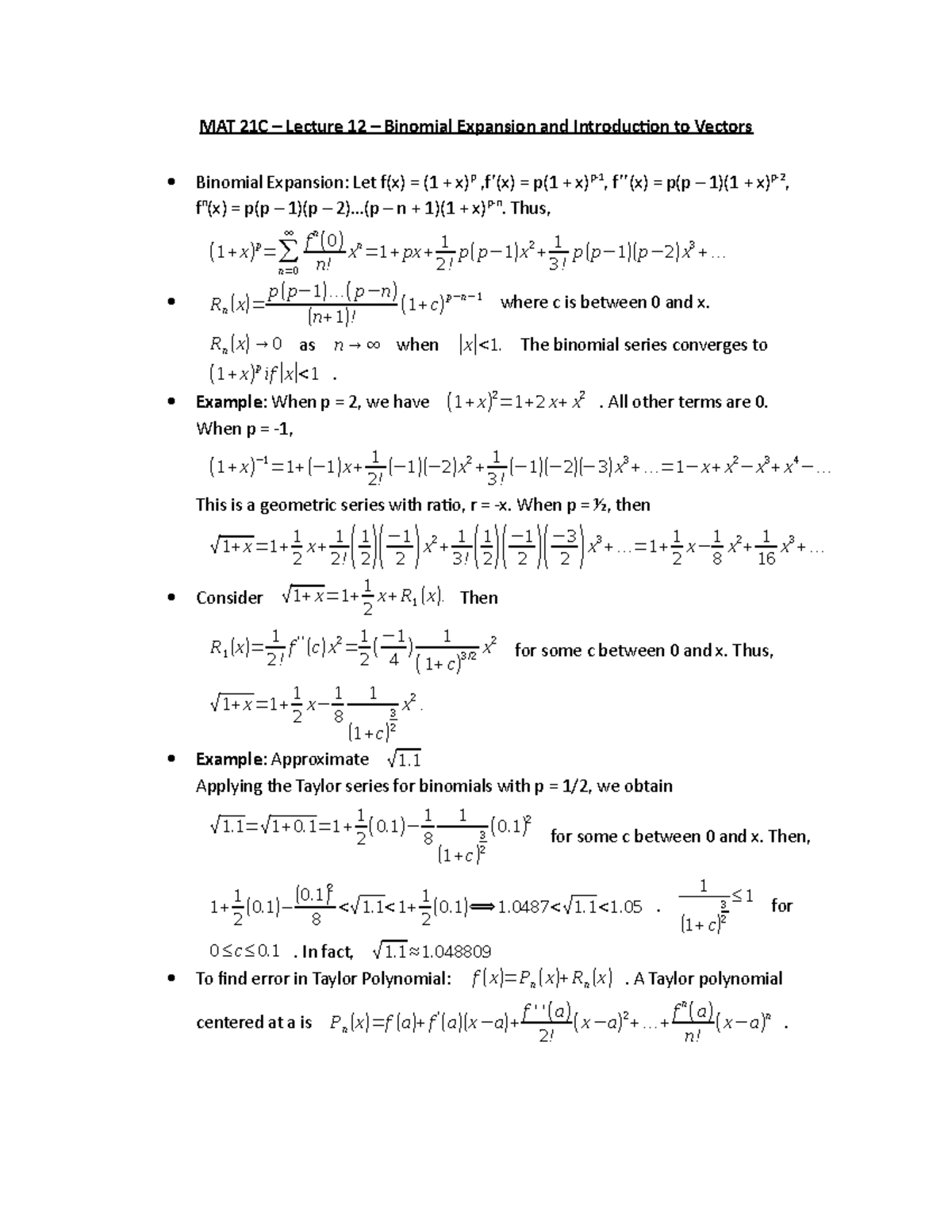 Mat 21c Lecture 12 Binomial Expansion And Introduction To Vectors Mat 21c Lecture 12