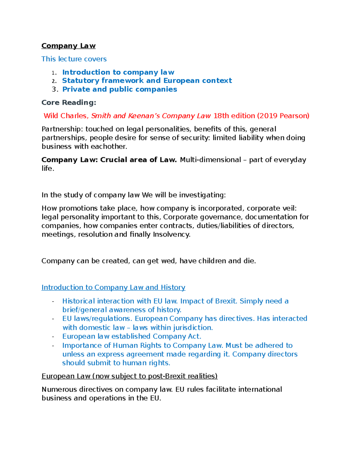 Business Law II Company Law - Company Law This lecture covers ...