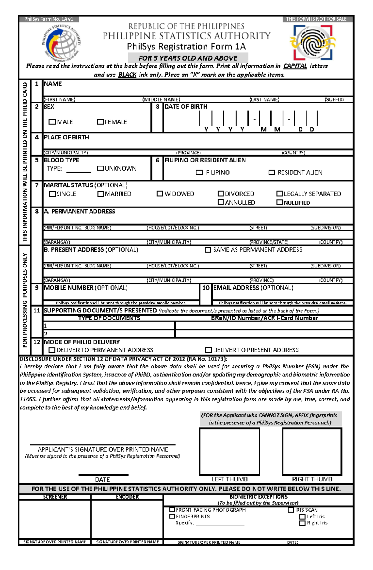 Phil Sys Registration Form 1A - 1 NAME (FIRST NAME) (MIDDLE NAME) (LAST ...