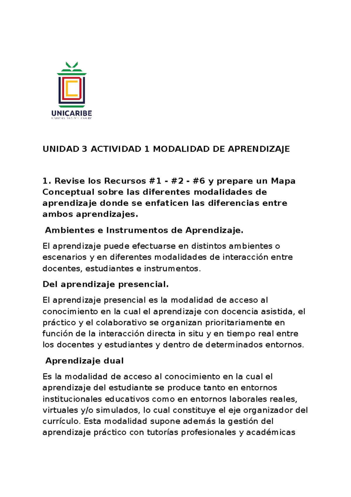 Unidad 3 Actividad 1 - Ejercicio de las modalidades de aprendizaje ...
