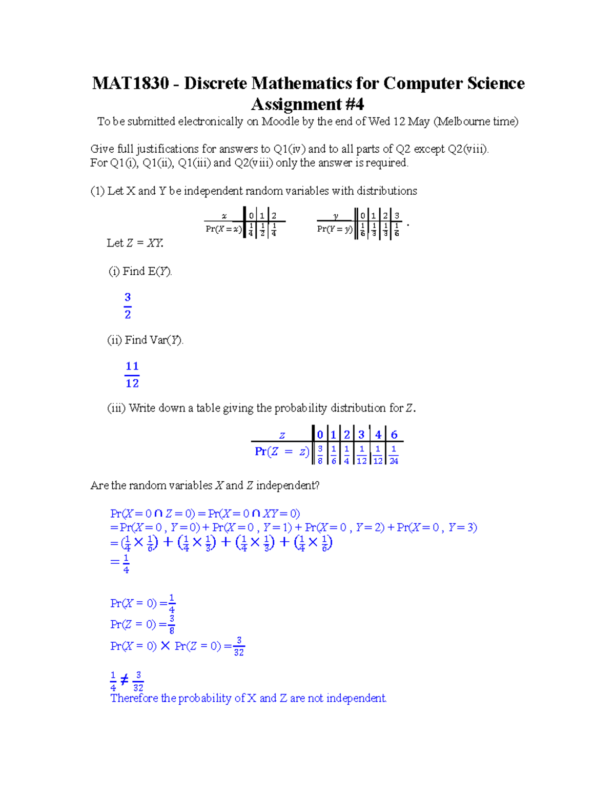 MAT1830 - Assignment 4 - MAT1830 - Discrete Mathematics for Computer Science Assignment To be ...