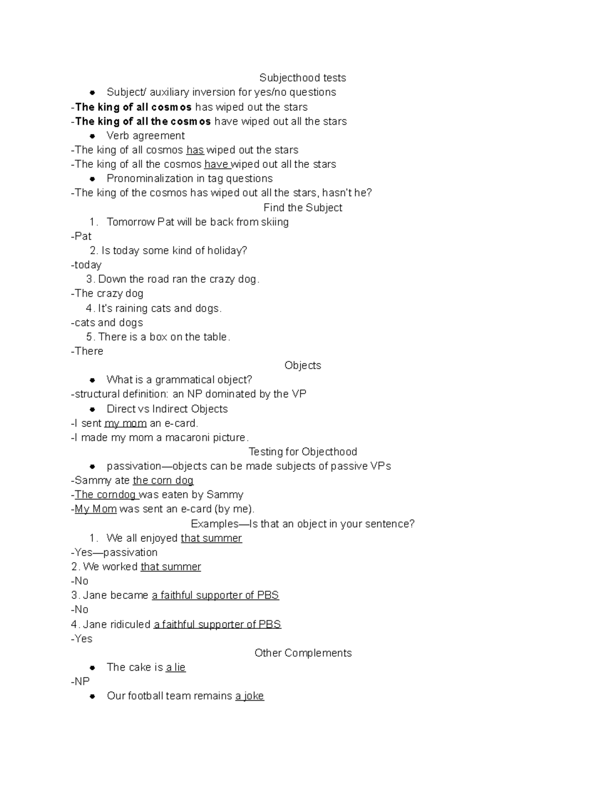 Direct objects & Objects - Subjecthood tests Subject/ auxiliary ...