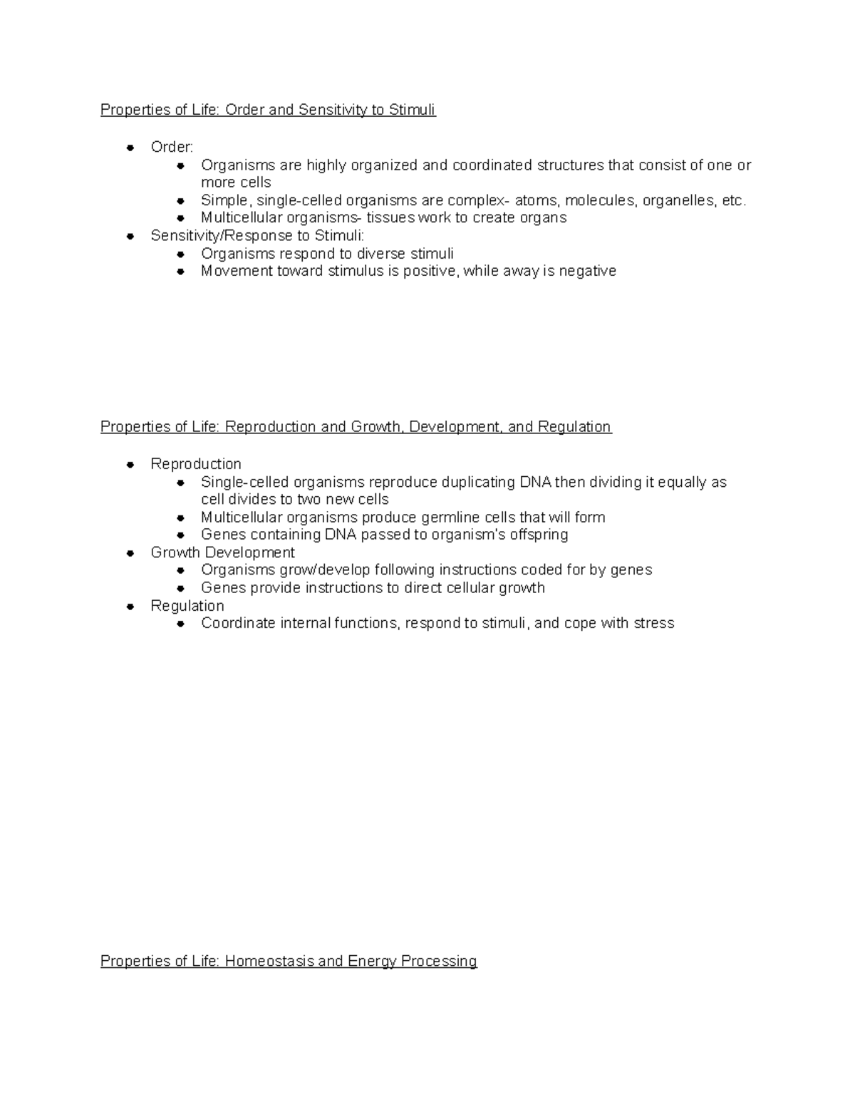 Biology Notes #1 Intro to Biology - Properties of Life: Order and ...