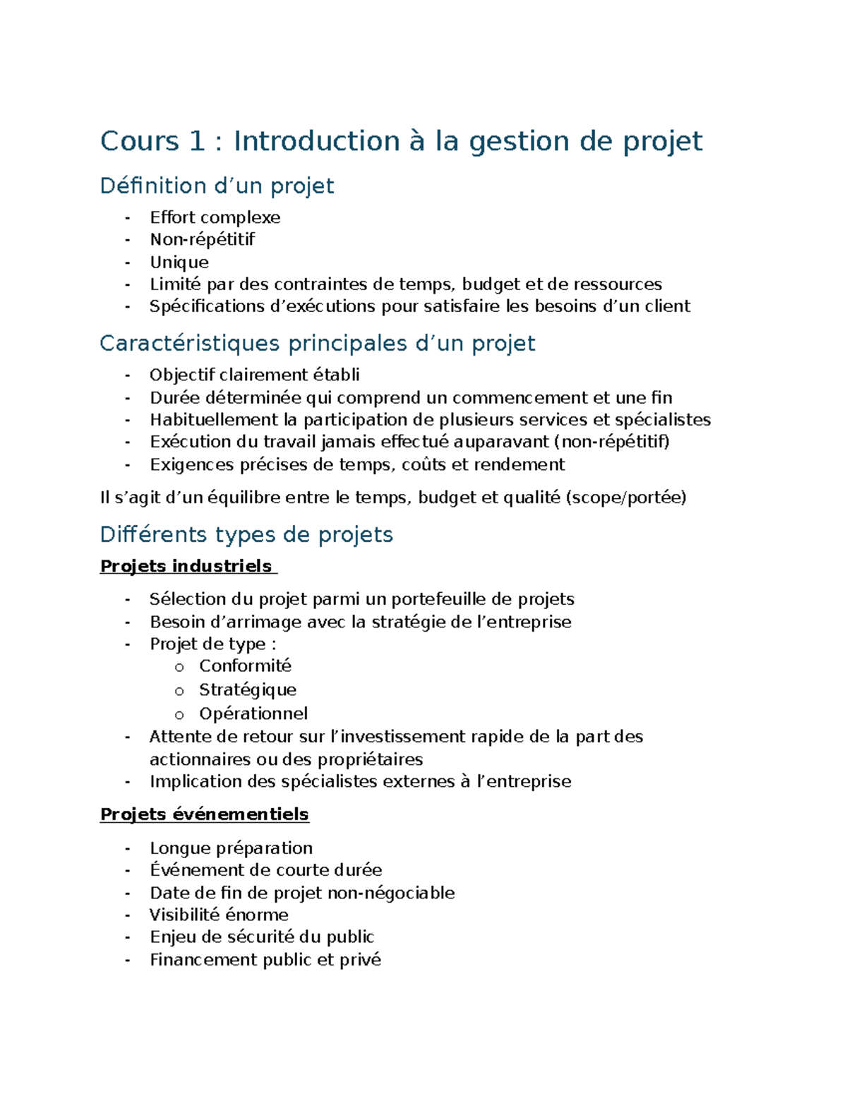 Résumé Séances 1-8 - Cours 1 : Introduction à la gestion de projet ...