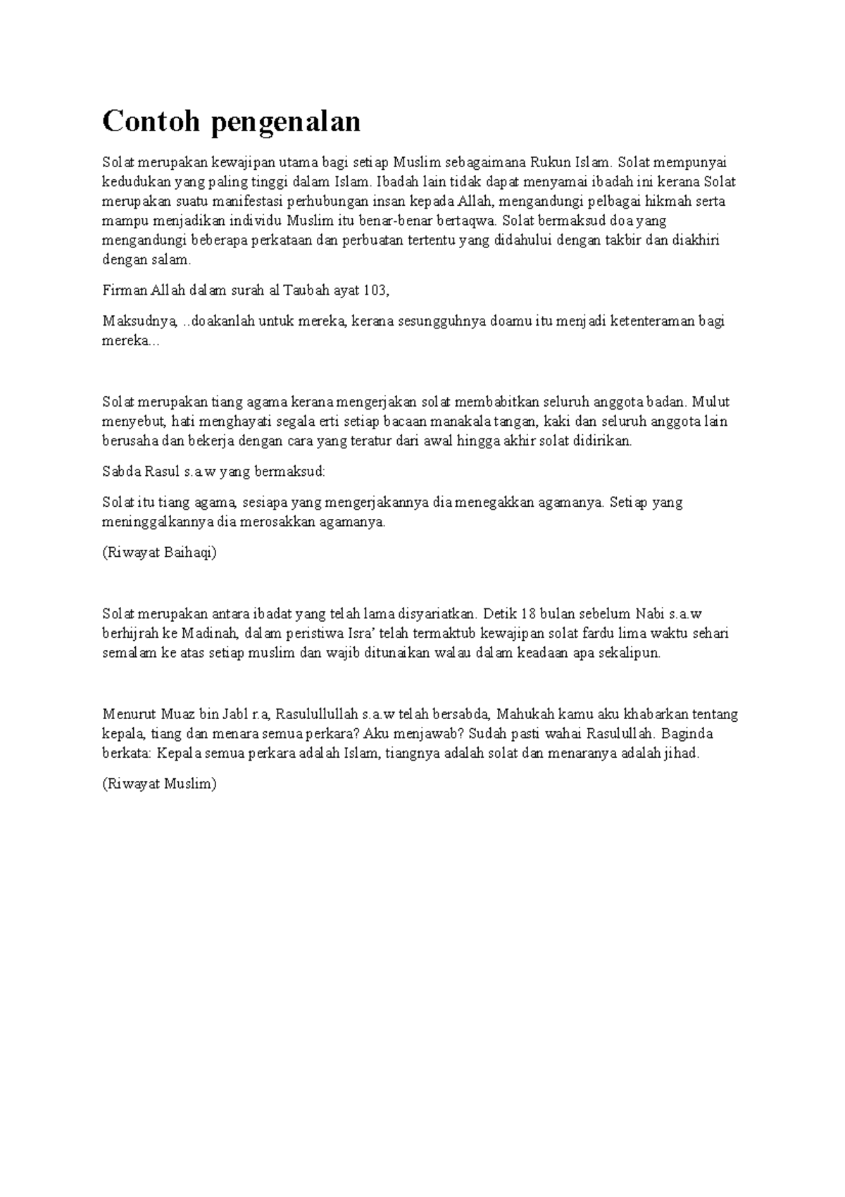 Contoh pengenalan dan implikasi - Contoh pengenalan Solat merupakan ...