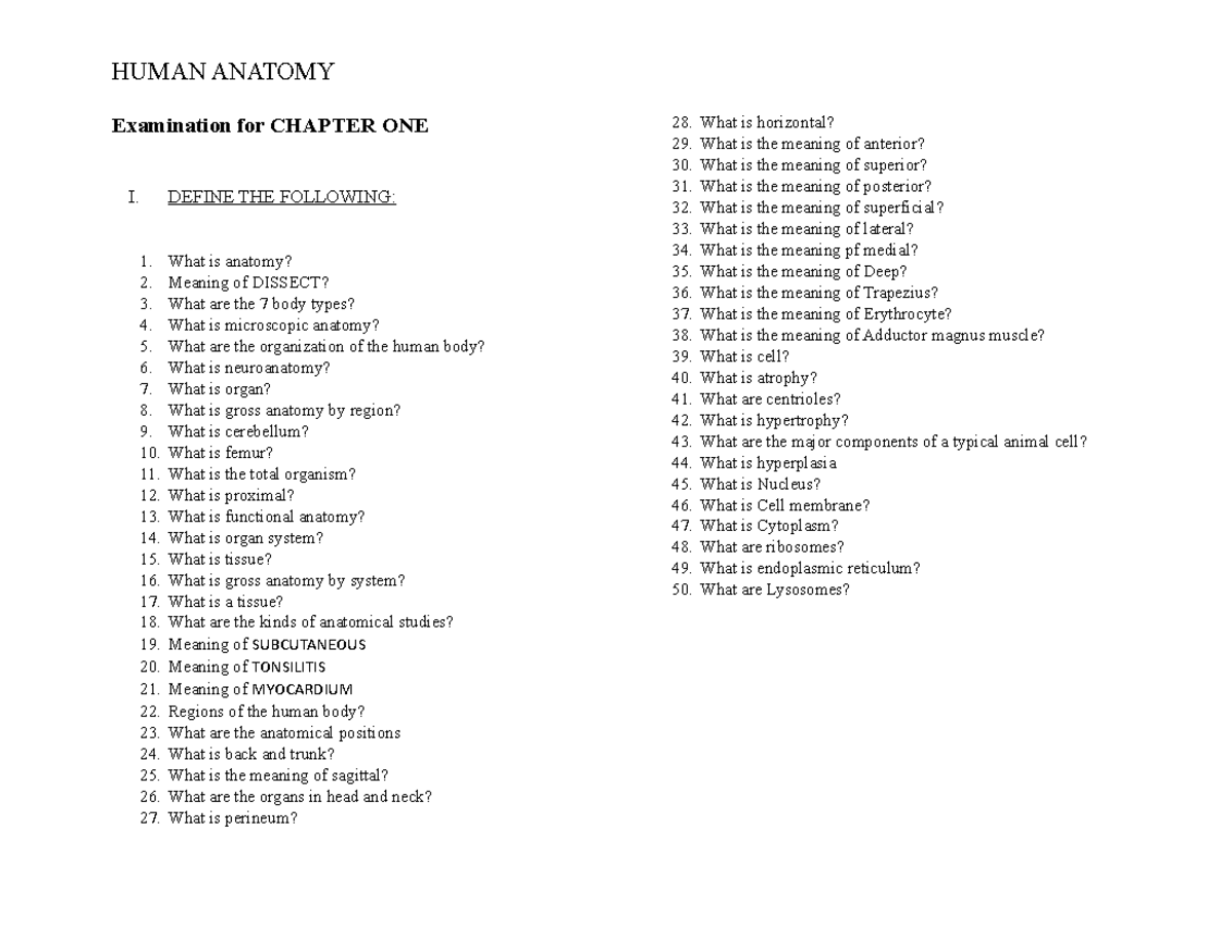 Examination for Chapter ONE - anatomy - HUMAN ANATOMY Examination for ...