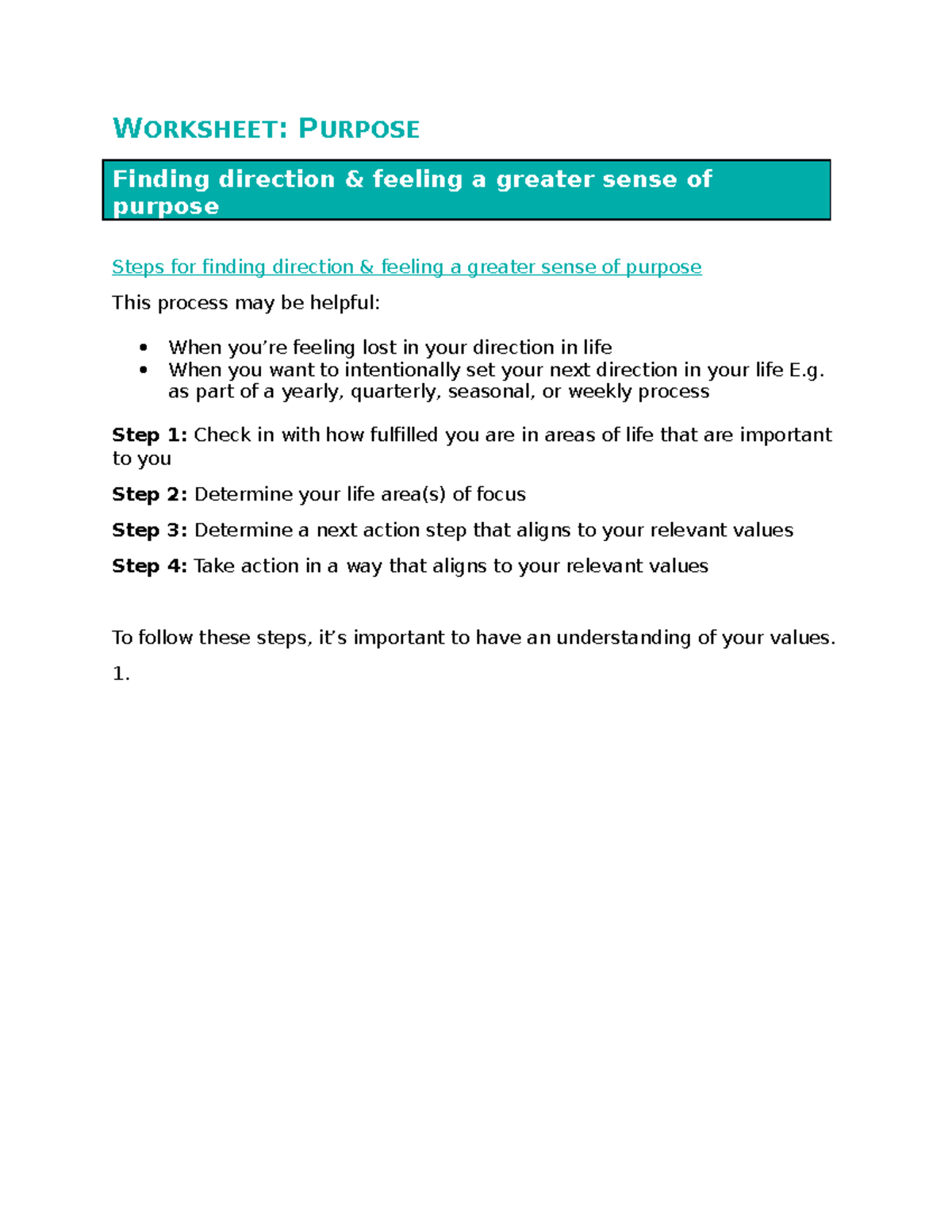 Worksheet - Purpose - Notes - WORKSHEET: PURPOSE Finding direction ...