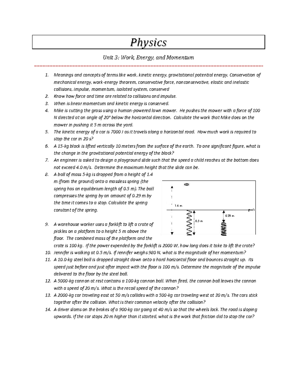Physics Unit 03 Review - study guide - PPhhyyssiiccss Unit 3: Work ...