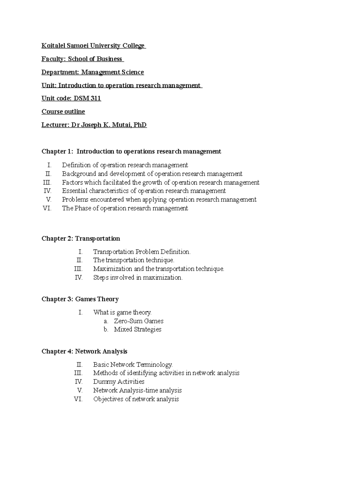 Course Outline DSM 311 - Lecture notes 1 - Bachelor of purchasing and ...