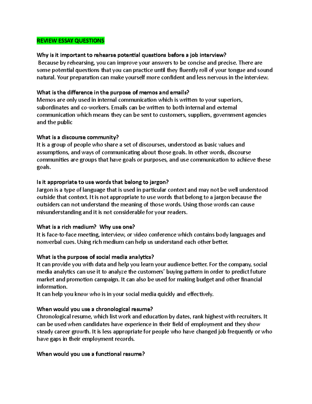 Review questions comm 205 - REVIEW ESSAY QUESTIONS Why is it important ...