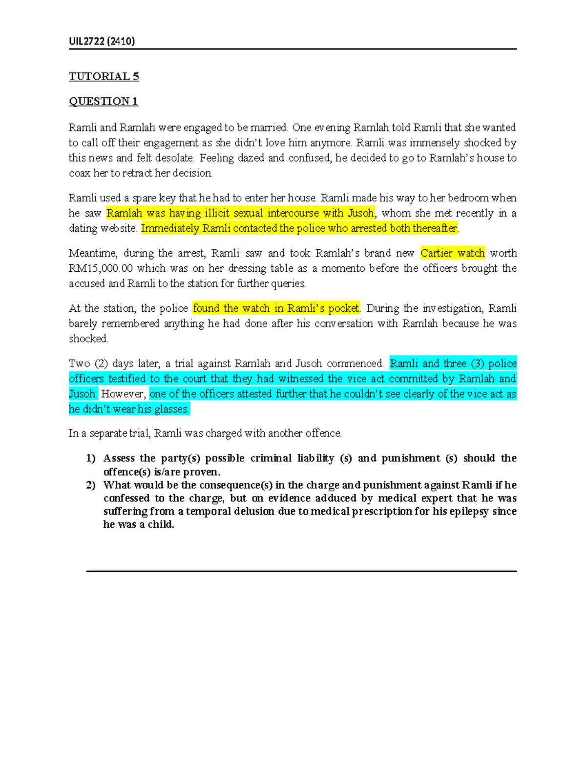 criminal law 1 tutorial works mmu 2023 - UIL2722 (2410) TUTORIAL 5 ...