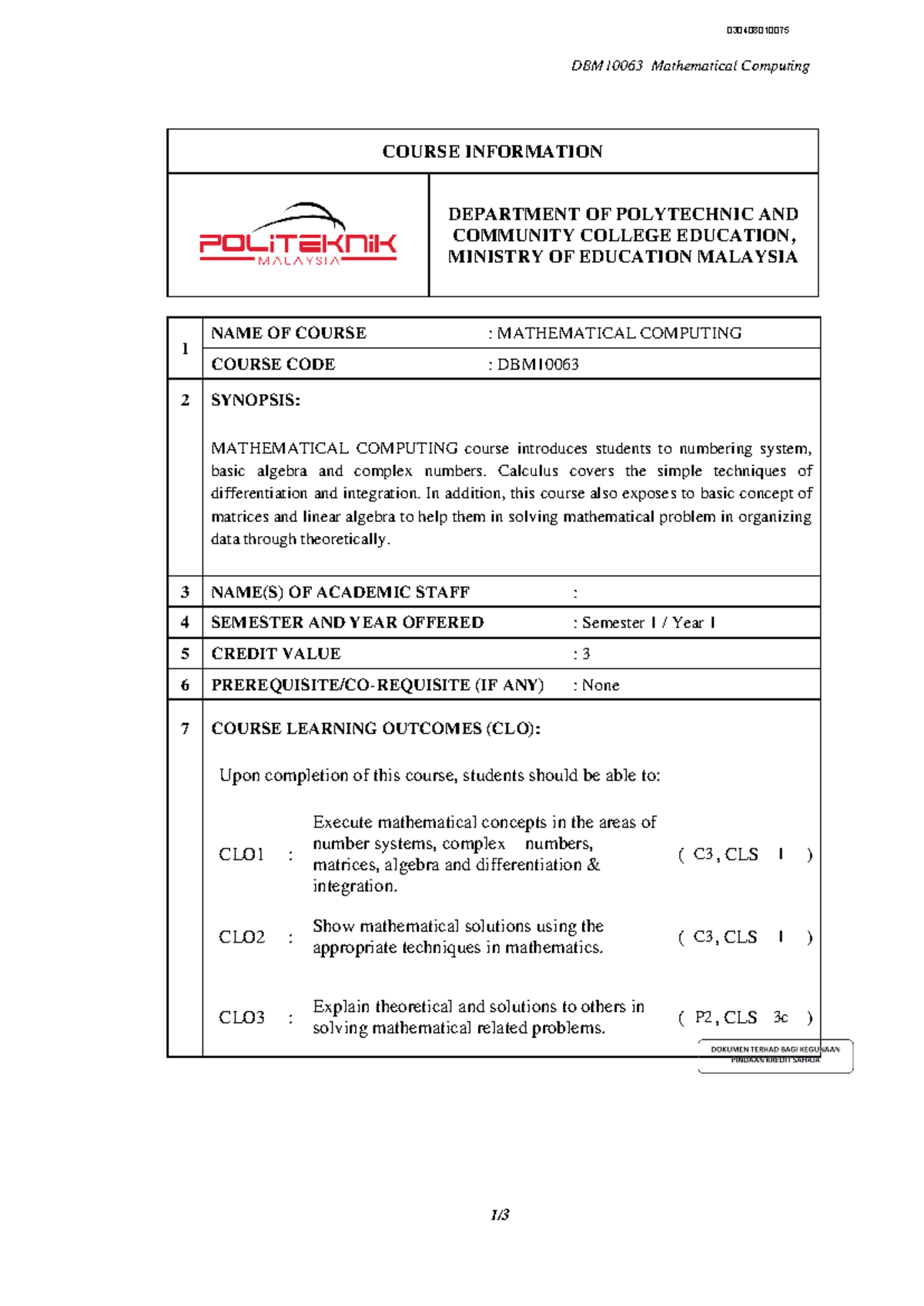 DBM10063 Mathematical Computing - DBM100 63 Mathematical Computing 1/ 3 1 NAME OF COURSE : - Studocu