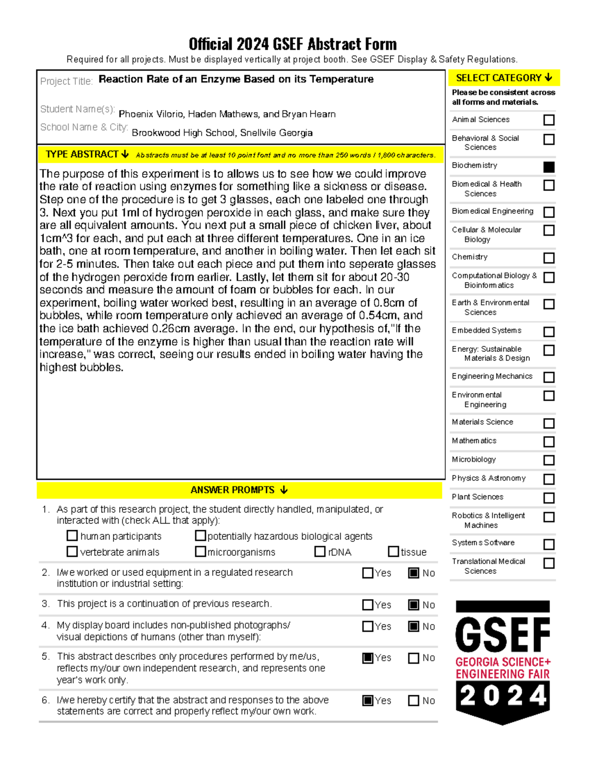 Gsef 2024 abstract form - Project Title: Student Name(s): School Name ...
