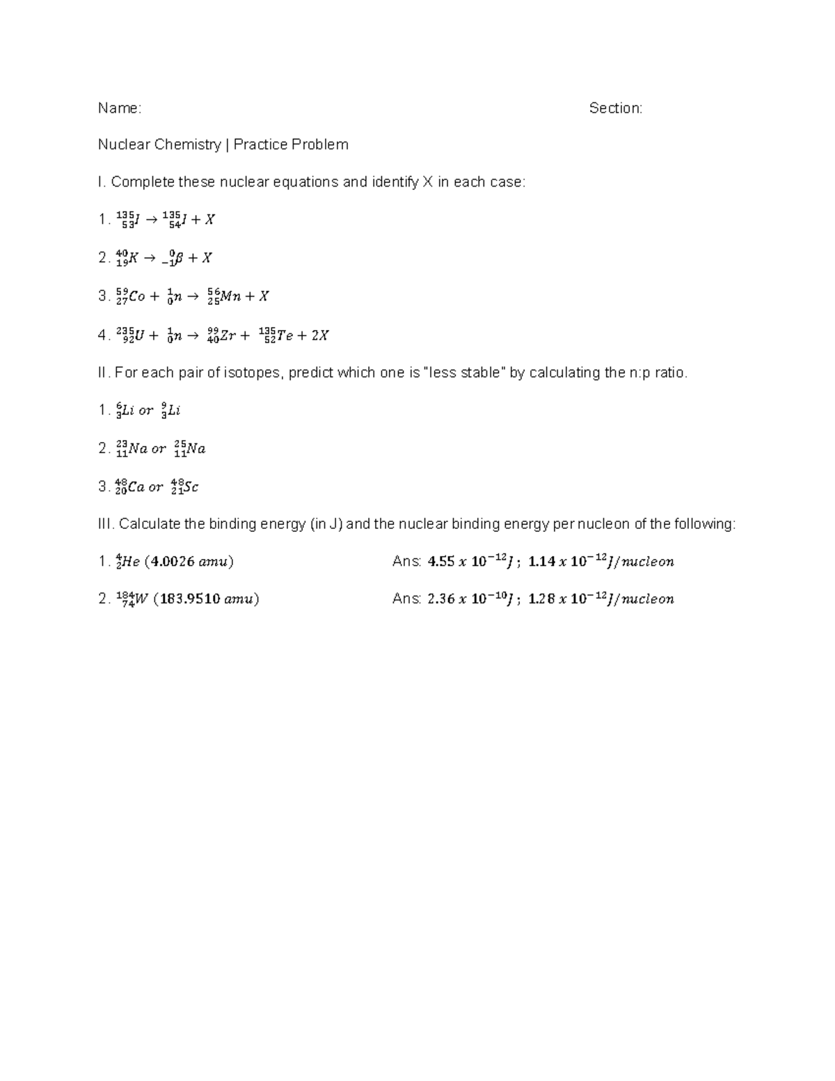 Nuclear Chemistry Problem Set - Name: Section: Nuclear Chemistry ...