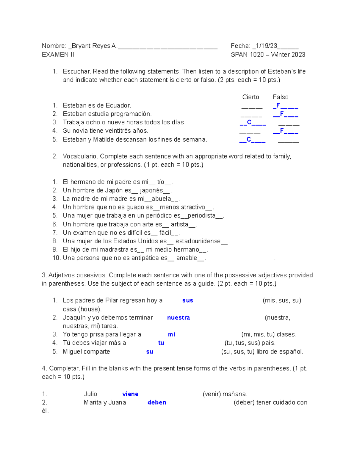 EXAM II - spanish 2 - Nombre: Bryant Reyes A ...