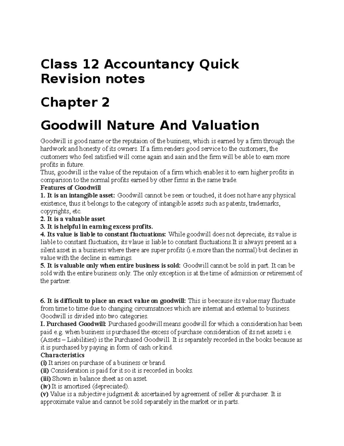 Class 12 Accountancy Quick Revision notes Goodwill Nature AND Valuation ...