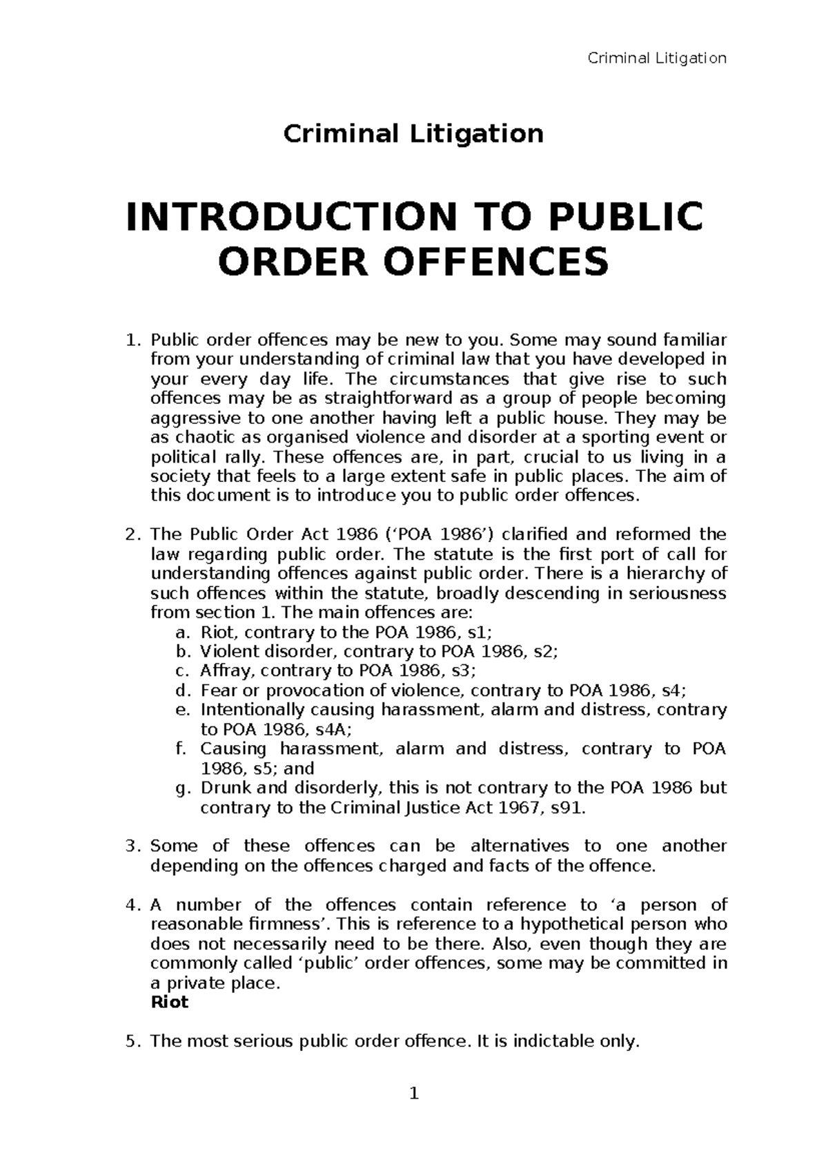 Public Order Offences - Notes for LPC students - Criminal Litigation ...