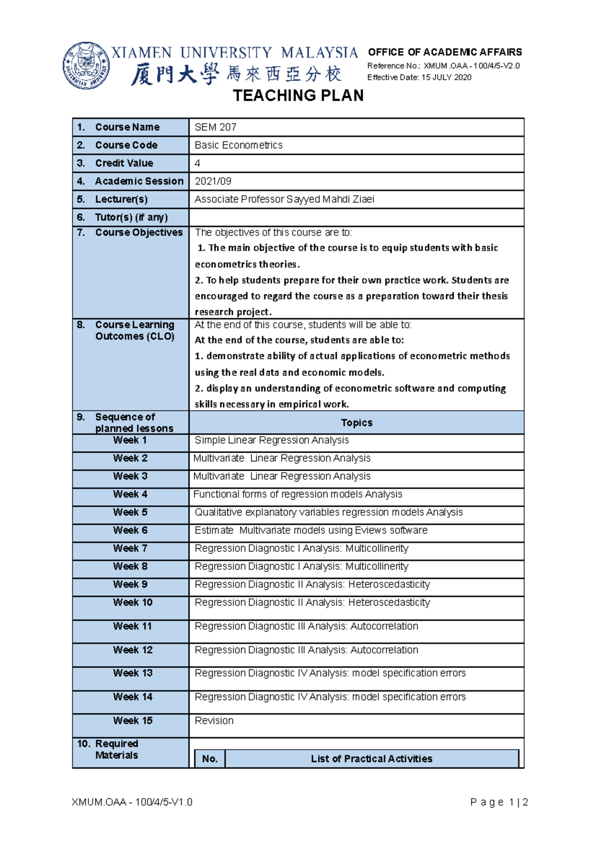 Teaching Plan SEM 207 - TEACHING PLAN Course Name SEM 207 Course Code ...