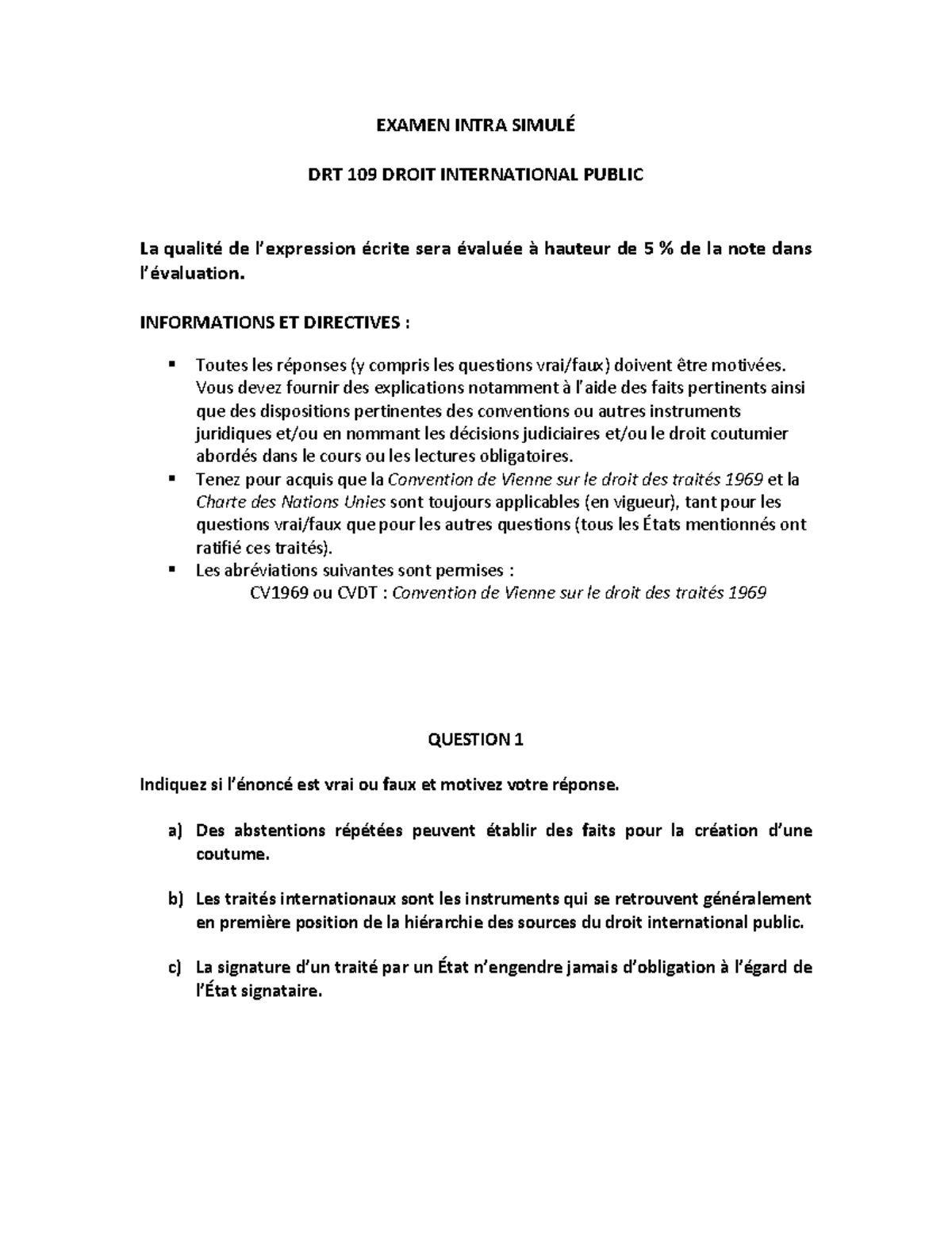 Examen simulé - intra - EXAMEN INTRA SIMULÉ DRT 109 DROIT INTERNATIONAL ...