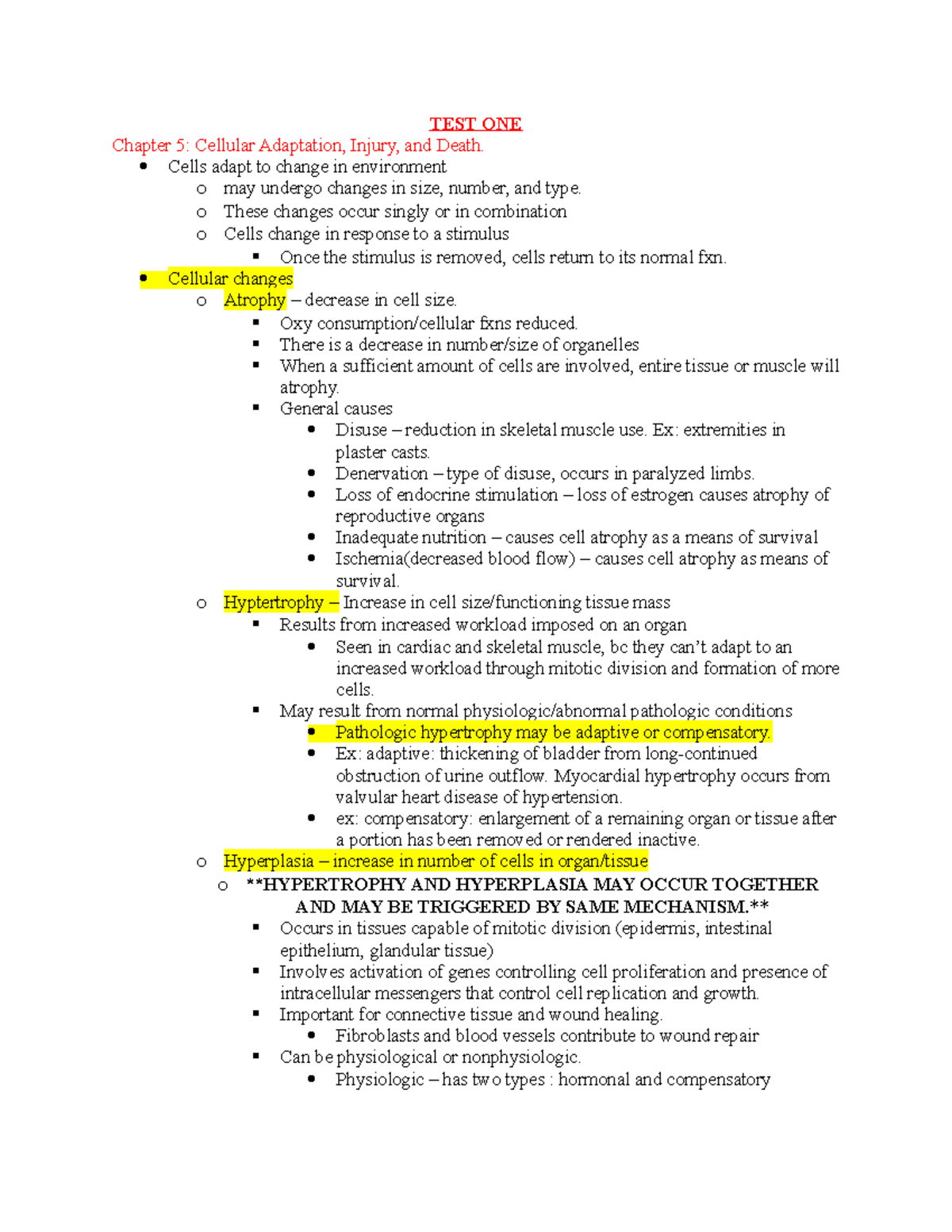 Patho Study Guide - TEST ONE Chapter 5: Cellular Adaptation, Injury ...