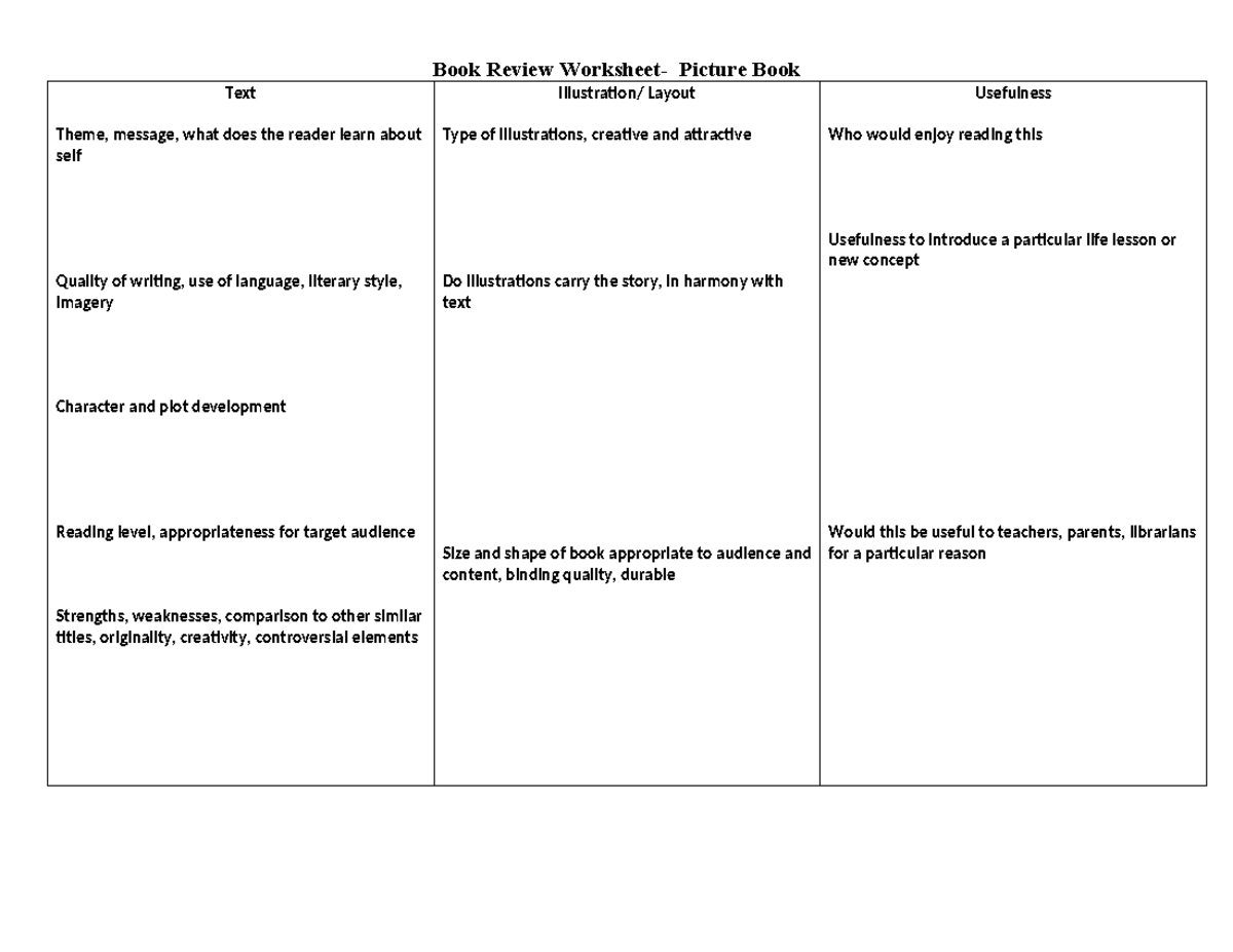 Book review worksheet picture book - Book Review Worksheet- Picture ...