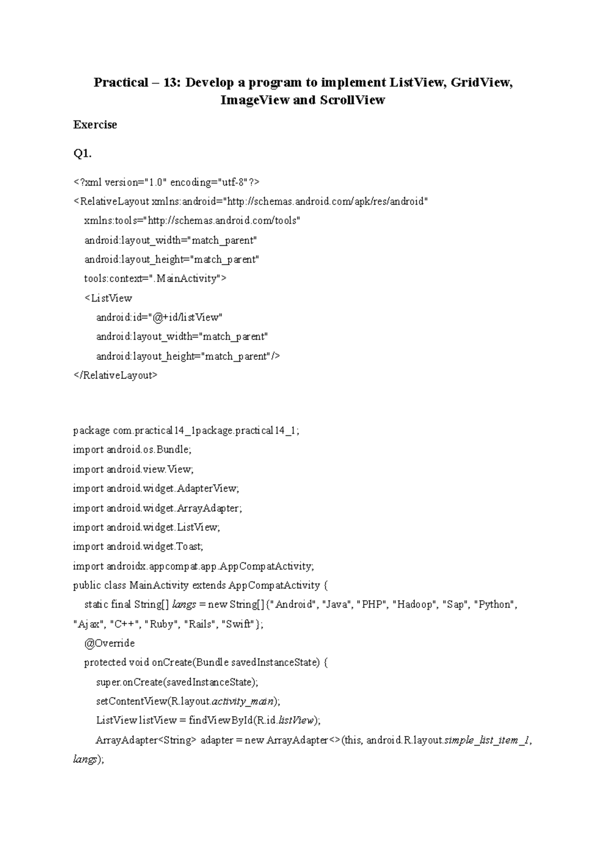 P14 - Practical – 13: Develop a program to implement ListView, GridView, ImageView and ...