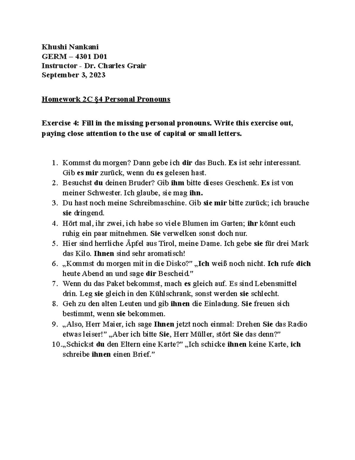 Homework 2C §4 Personal Pronouns - Khushi Nankani GERM – 4301 D ...