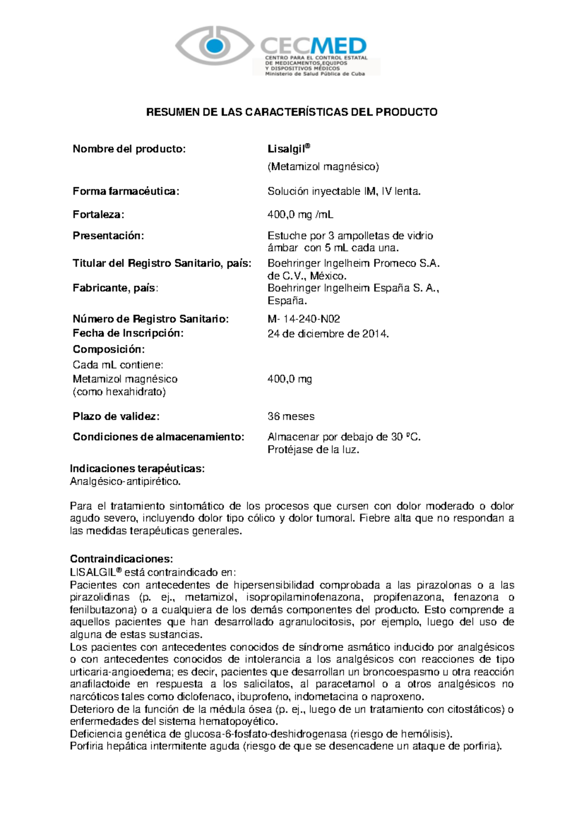 Lisalgil, Metamizol magnésico - RESUMEN DE LAS CARACTERÍSTICAS DEL ...