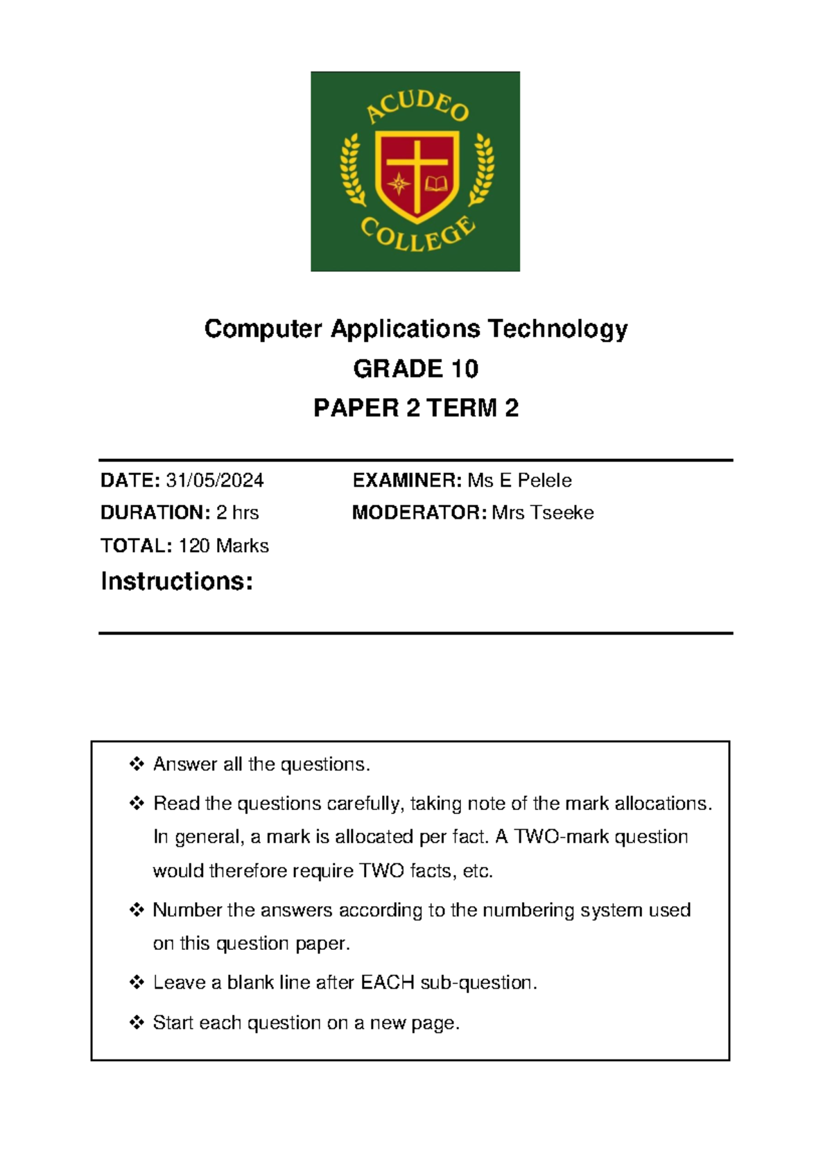 CAT Gr. 10 June Exam P - Theory Examination For Grade 10 CAT 2024 - Computer Applications ...