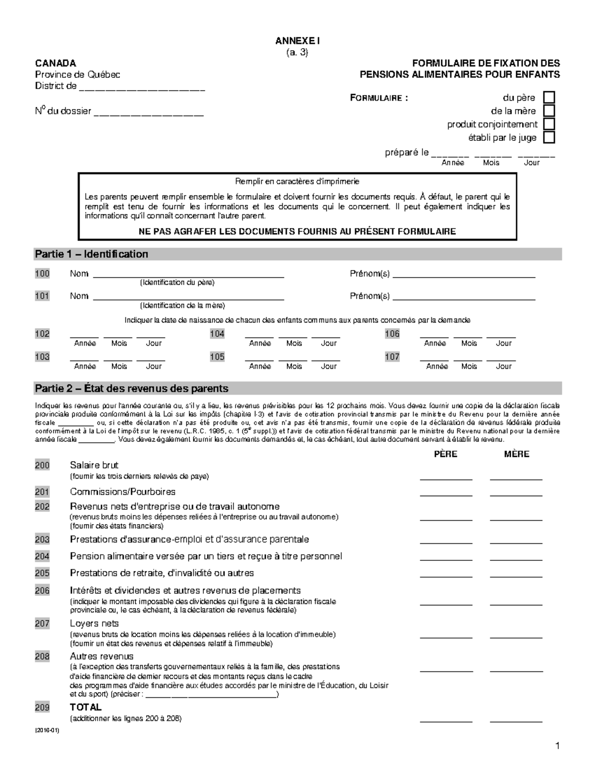 Formulaire de pension - ANNEXE I (a. 3) CANADA FORMULAIRE DE FIXATION ...