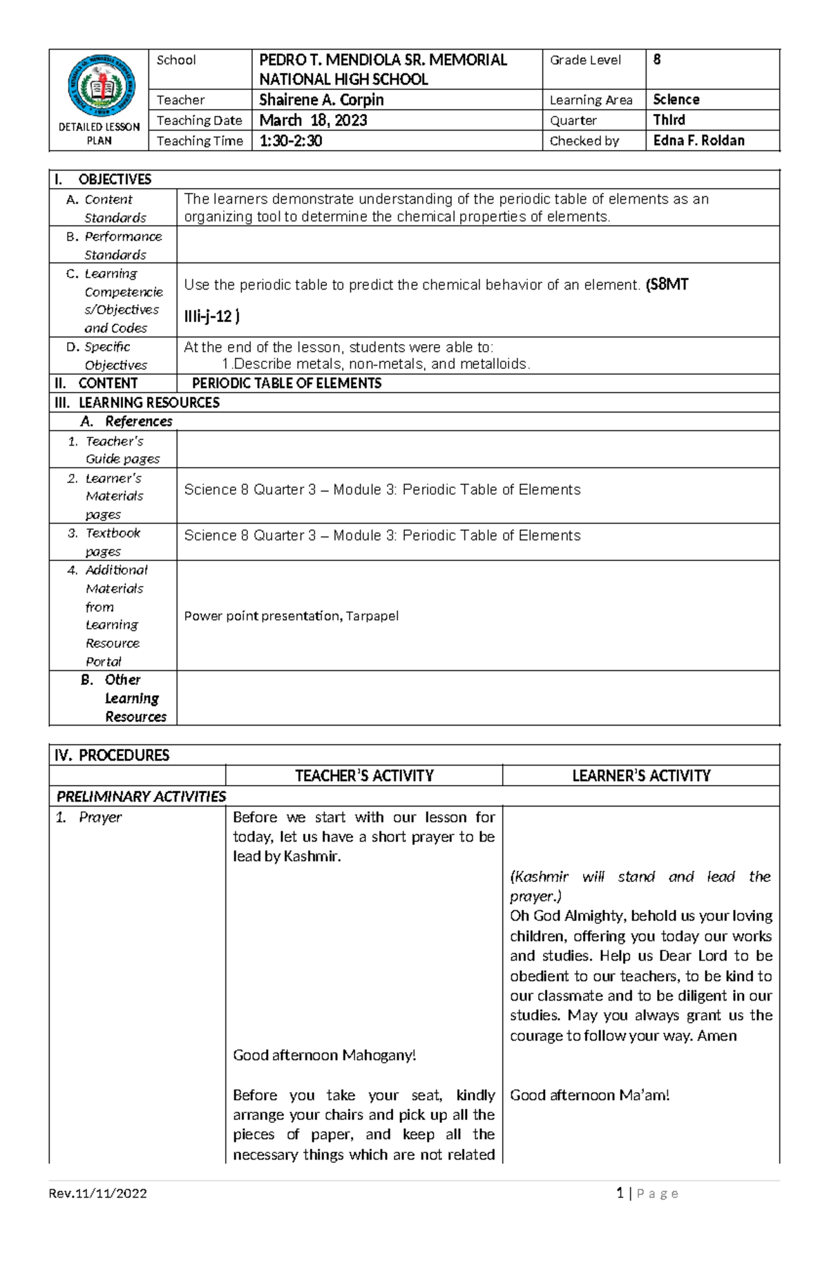 Metals, NON- Metals, AND Metalloids - DETAILED LESSON PLAN NATIONAL ...