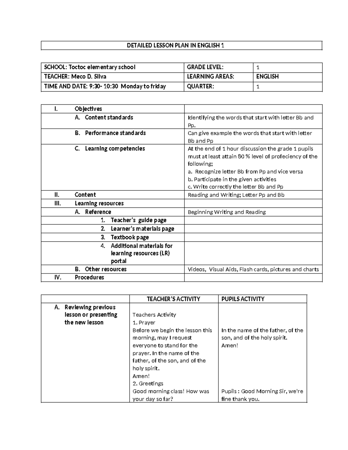Final Lesson PLAN - DETAILED LESSON PLAN IN ENGLISH 1 SCHOOL: Toctoc ...