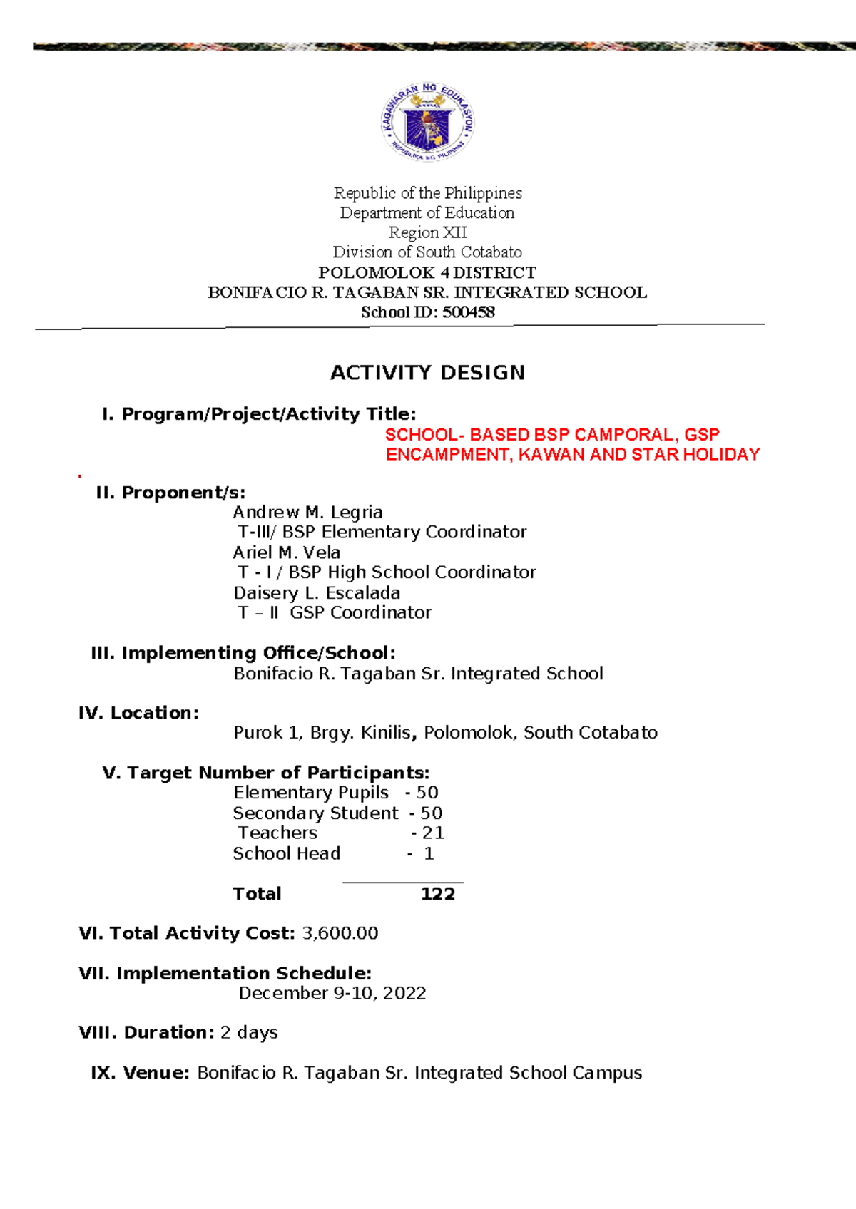 Activity Design in BSP and GSP 2022-2023 - Republic of the Philippines ...