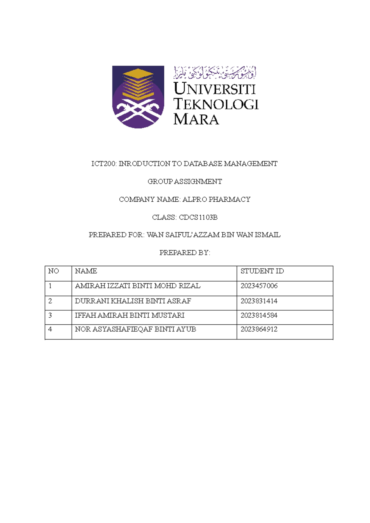 Project Proposal ICT200-1 - ICT200: INRODUCTION TO DATABASE MANAGEMENT ...