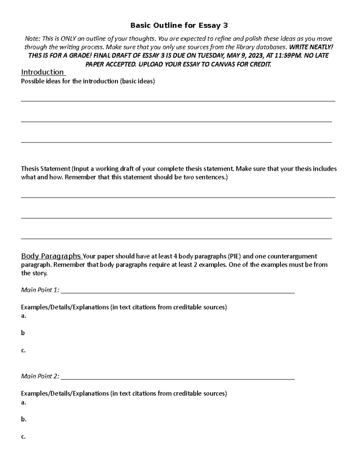 Outline for Final Essay - Basic Outline for Essay 3 Note: This is ONLY ...