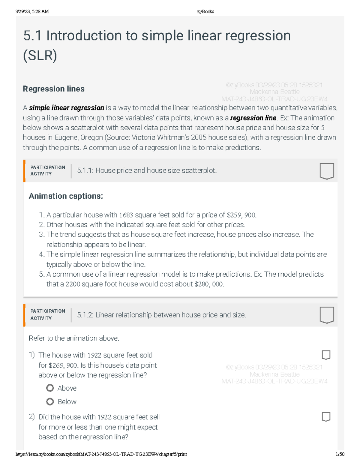 Module 5 - MAT 243 - N/a - 5 Introduction to simple linear regression ...