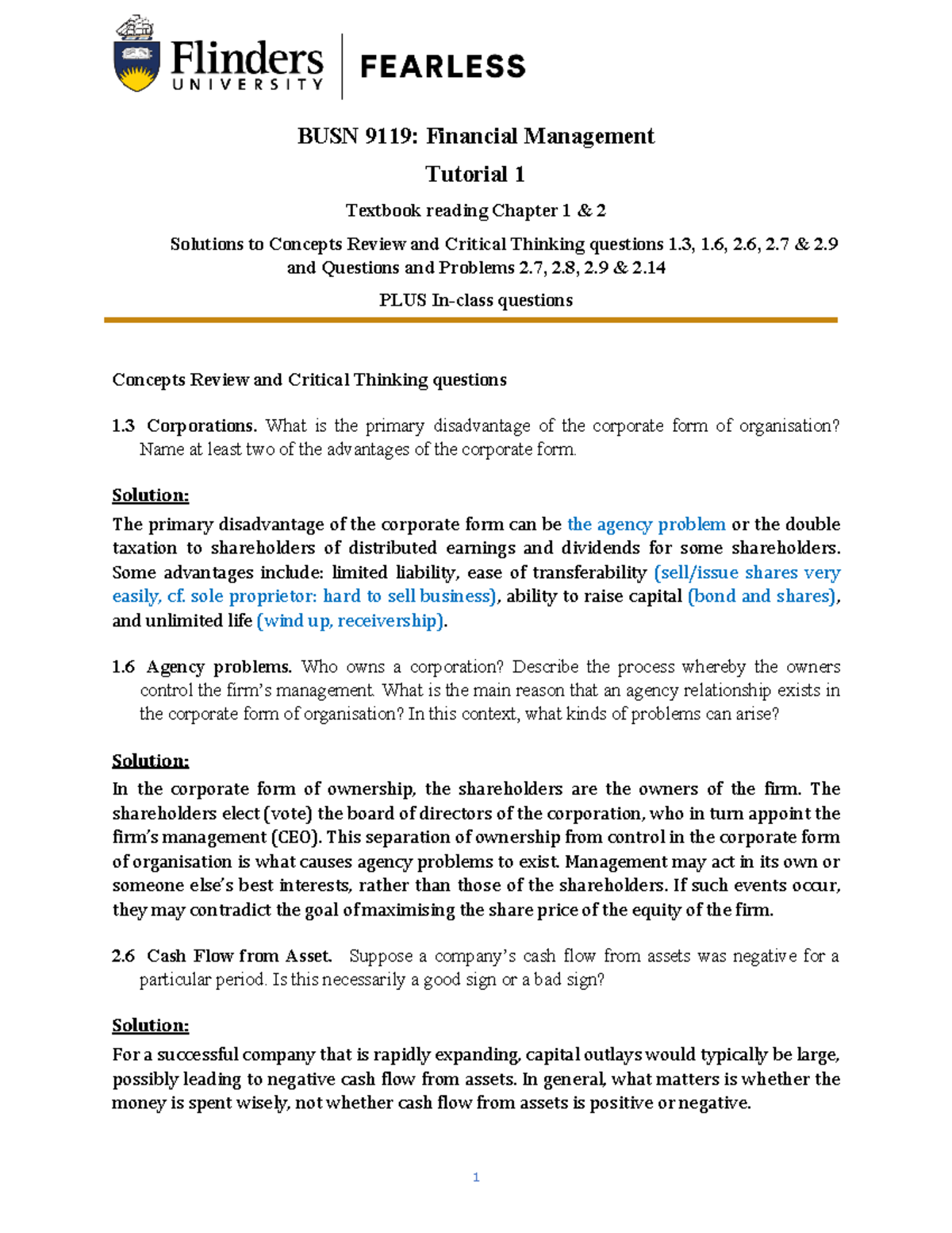 Tutorial 1 Introduction to Financial Management Solutions - BUSS5233 ...