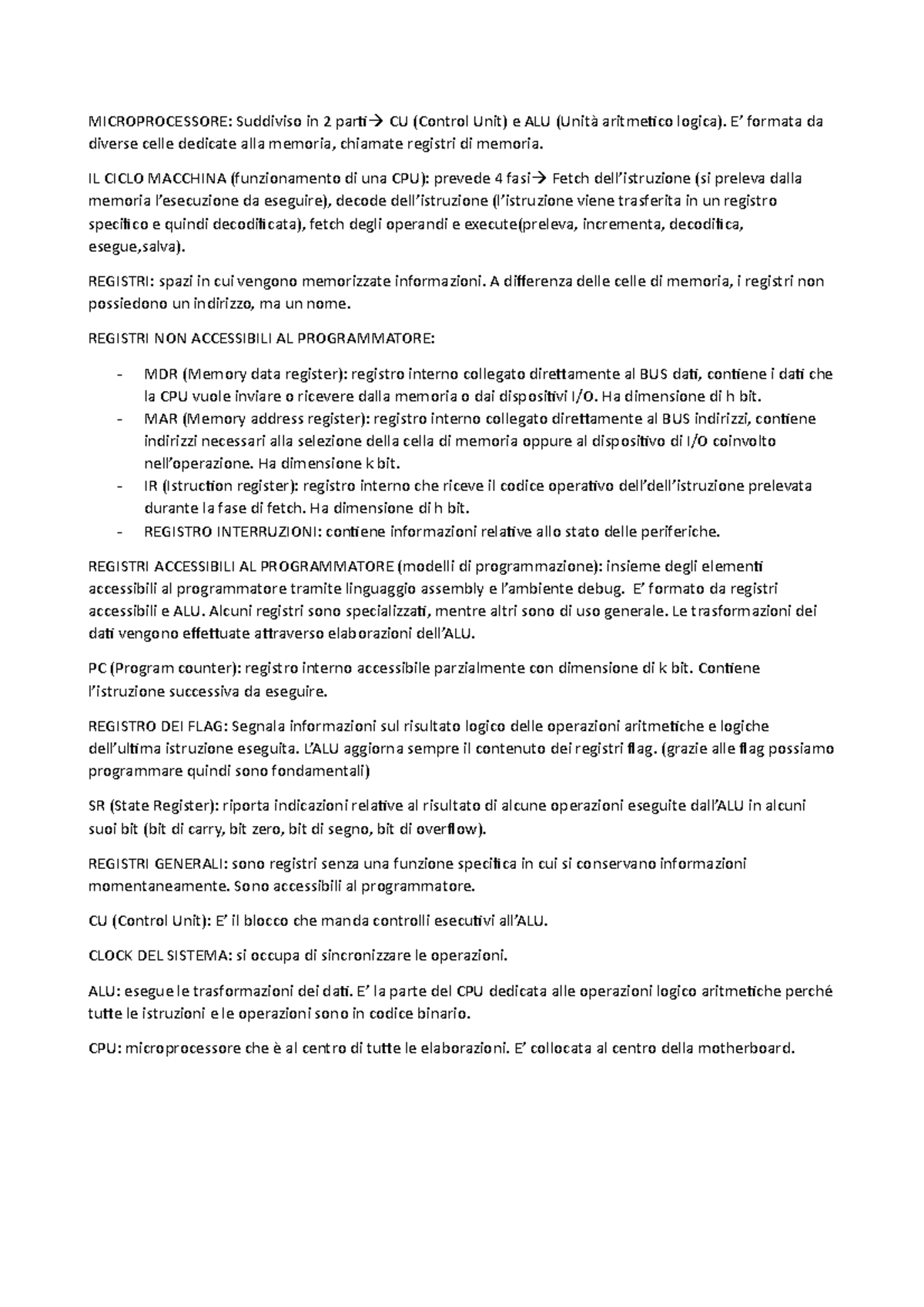 Appunti Teoria Informatica Per L Ingegneria Microprocessore Suddiviso In 2 Part Cu Control