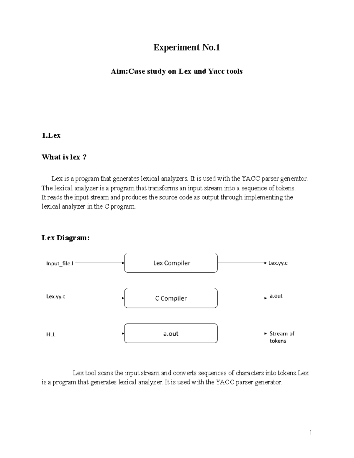 Spcc practical - Experiment No. Aim:Case study on Lex and Yacc tools 1 What is lex? Lex is a ...