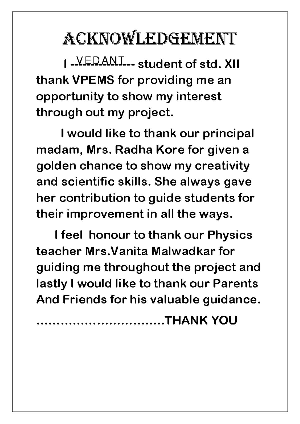 XII Acknowledgement physics project - ACKNOWLEDGEMENT I - student of ...