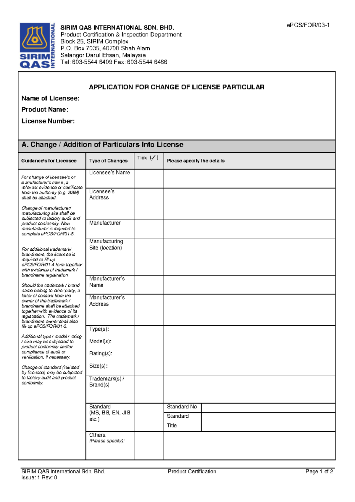 E PCS FOR 03 1 Application for Change of License Particular - ePCS/FOR ...