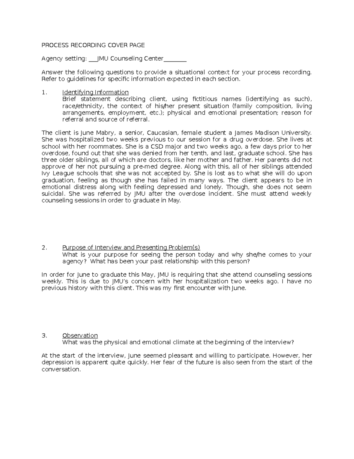 Process Recording Cover Page - PROCESS RECORDING COVER PAGE Agency ...