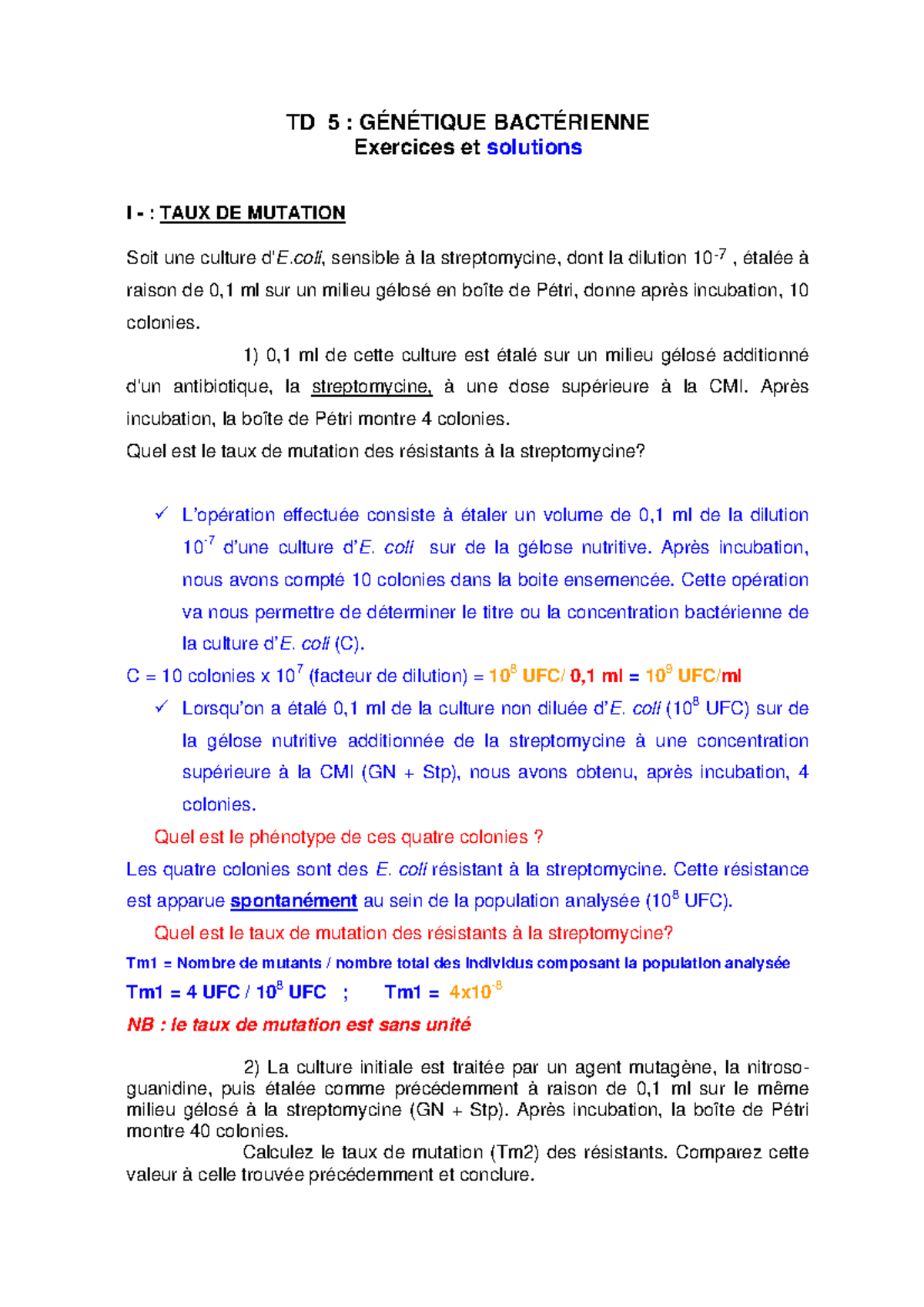 Microbio s3 td 10 - TD 5 : GÉNÉTIQUE BACTÉRIENNE Exercices et solutions ...