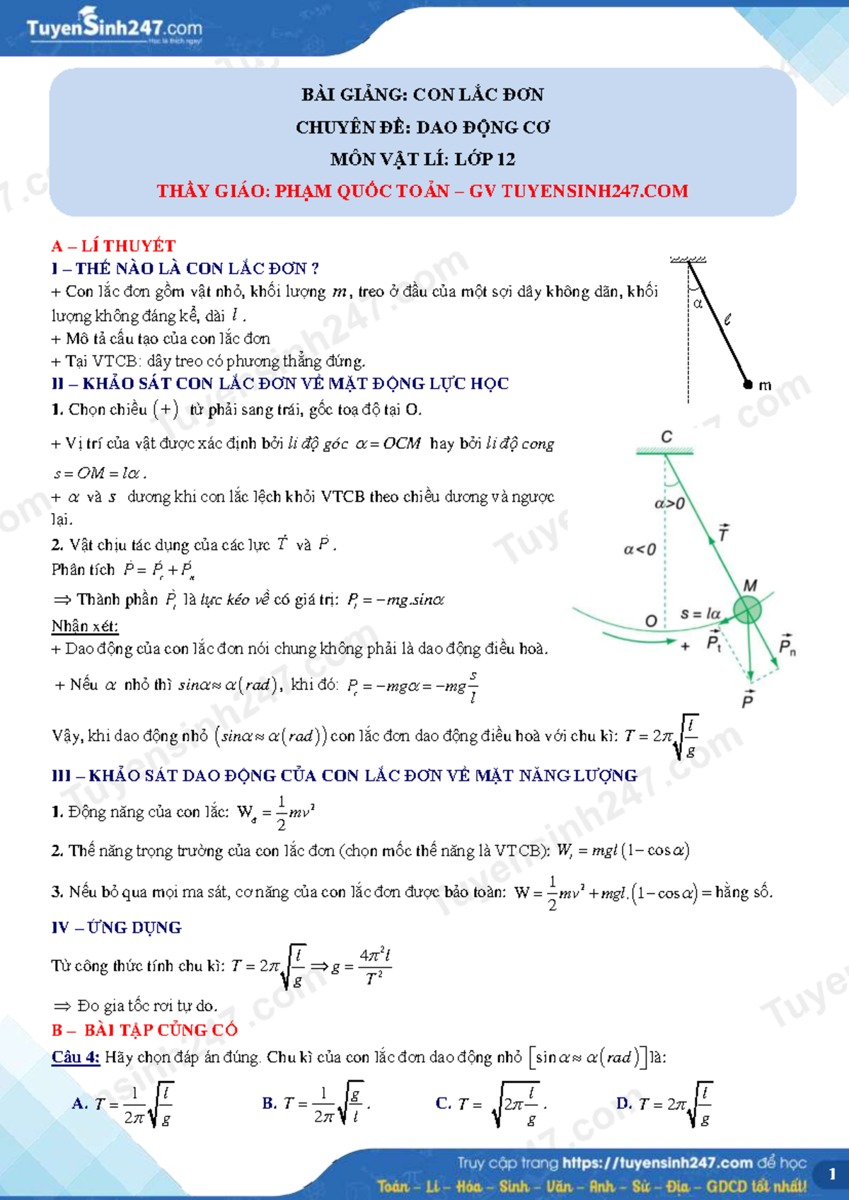 Bài 4. Con lắc đơn - đơn giản - 1 A – LÍ THUYẾT I – THẾ NÀO LÀ CON LẮC ...